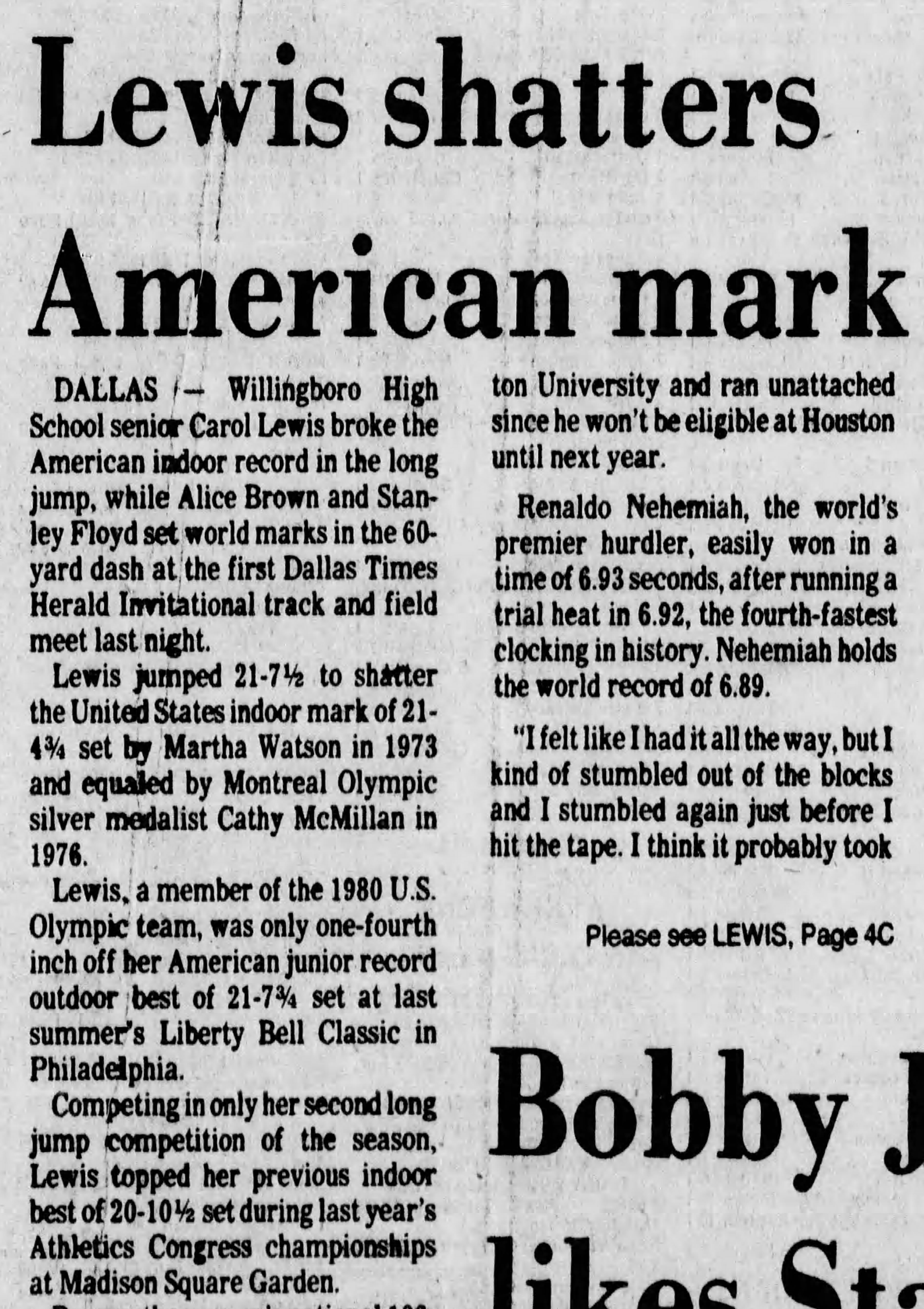 Carol Lewis was still in high school when she broke the American indoor ...